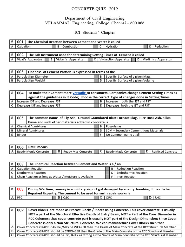 CONCRETE QUIZ 2019 Full QP - Edited | PDF | Concrete | Cement