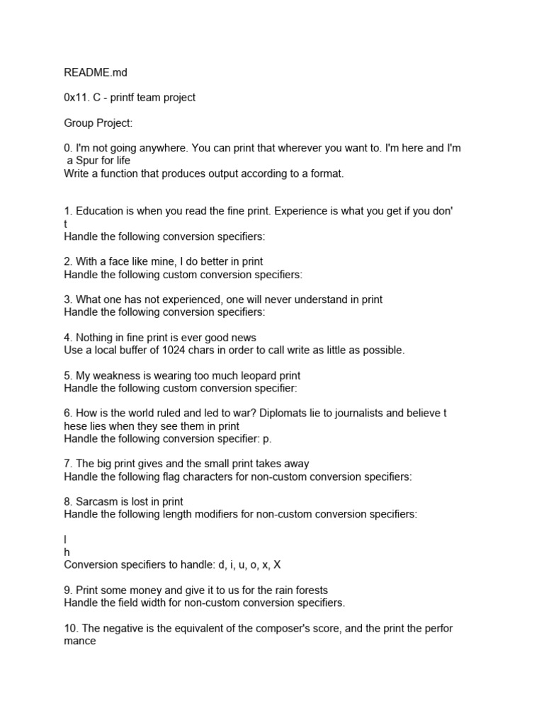 0x11. C - Printf Team Project | PDF