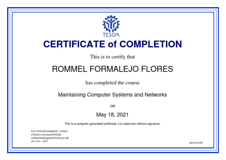TESDA - Maintain Computer Systems and Networks Certificate of ...