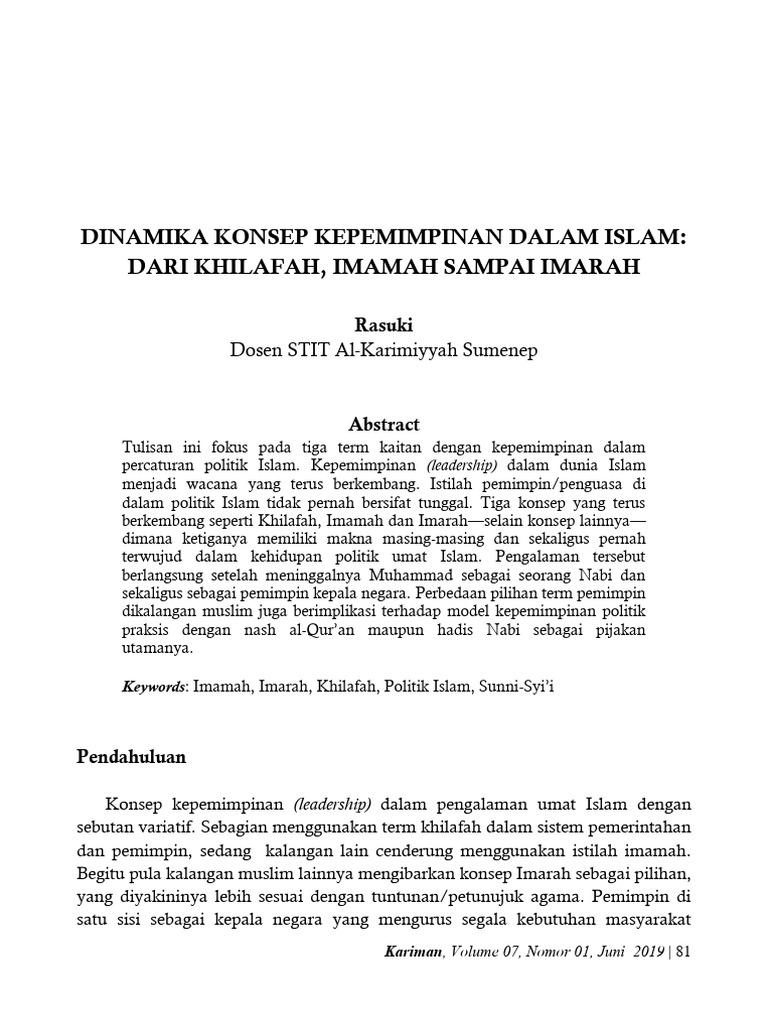 Dinamika Konsep Kepemimpinan Dalam Islam: Dari Khilafah, Imamah Sampai Imarah | PDF