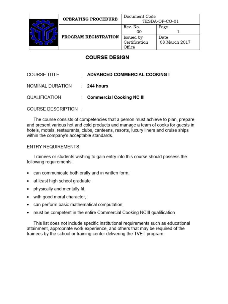 Advanced Commercial Cooking Course Guide | PDF | Menu | Cooking