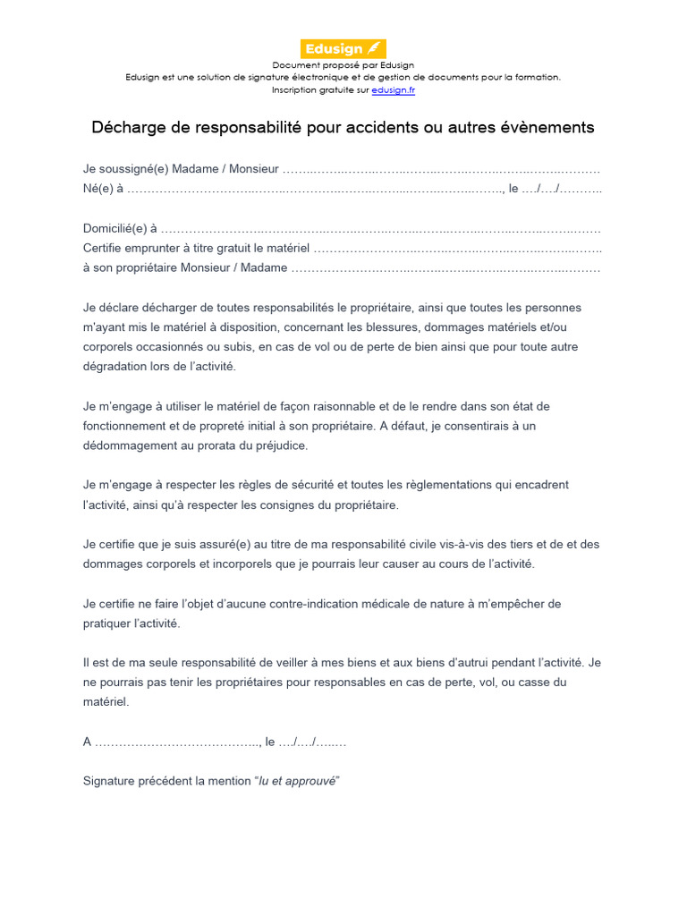 Lettre Decharge De Responsabilites Voiture
