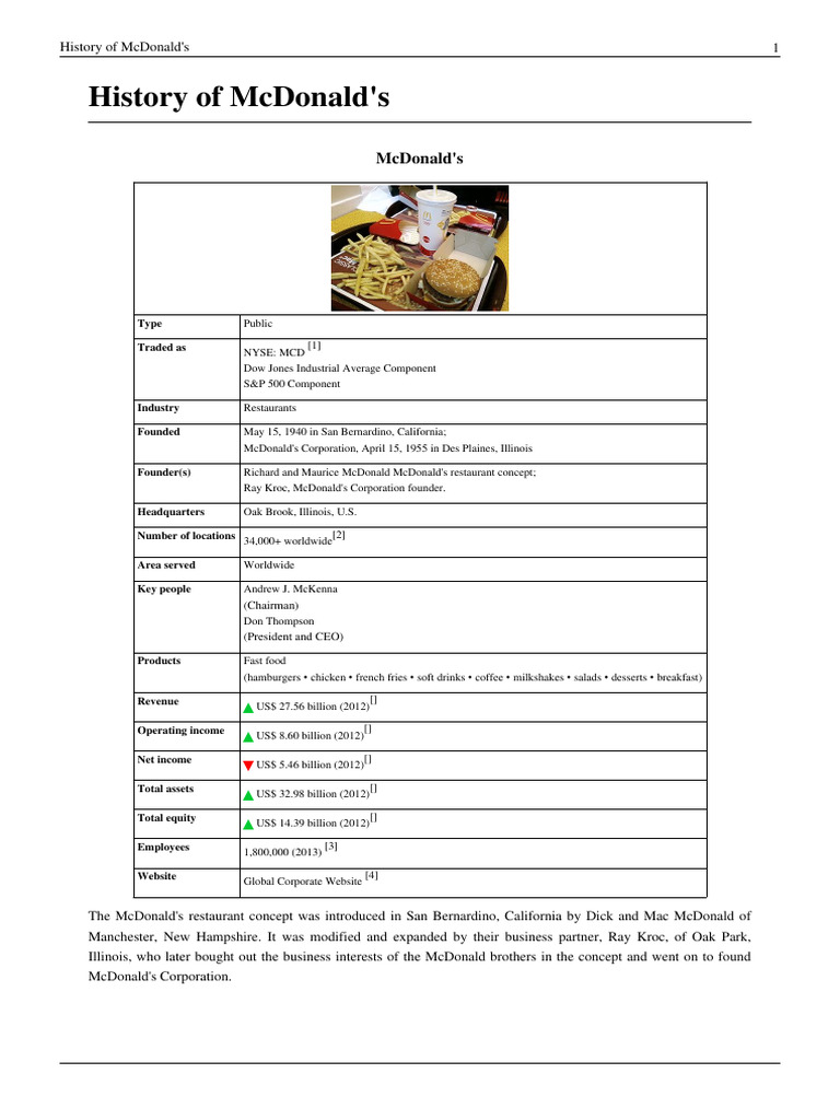 History of Mcdonalds | PDF | Mc Donald's | Hamburgers
