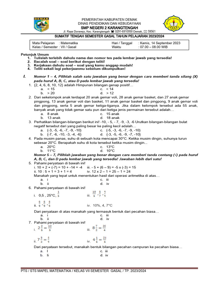 Soal Mat Vii Gasal STS 2023 | PDF