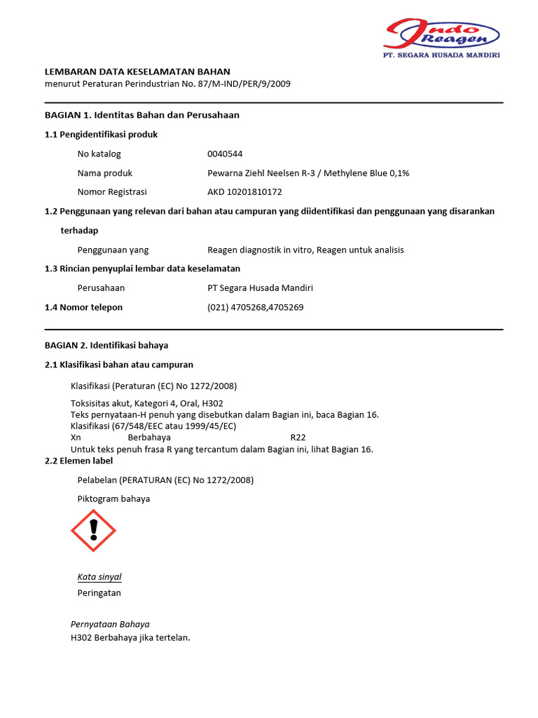 MSDS Indoreagen ZN R-3 Methylene Blue 0,1 | PDF