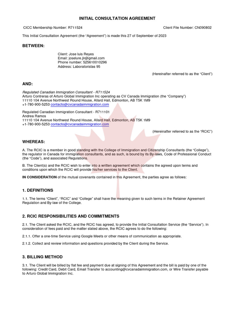 Initial Consultation Agreement: Regulated Canadian Immigration ...