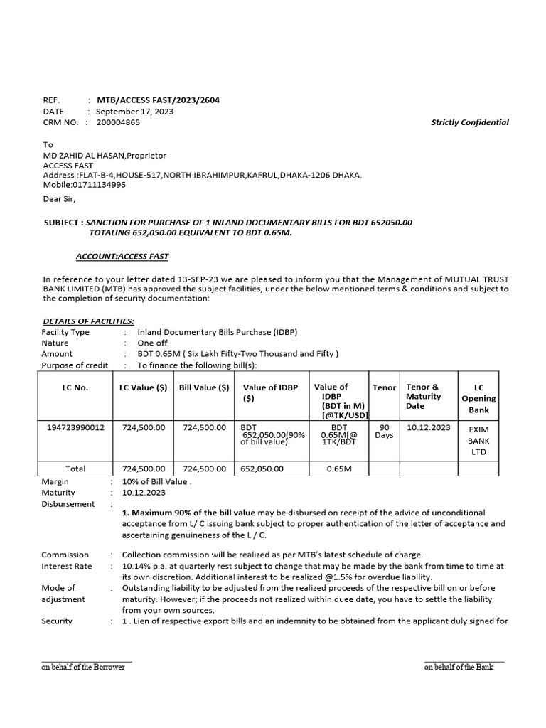 Sanction Letter 2604 | PDF | Banks | Interest