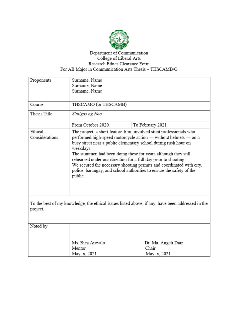 THSCAMB - O Research Ethics Clearance Form | PDF