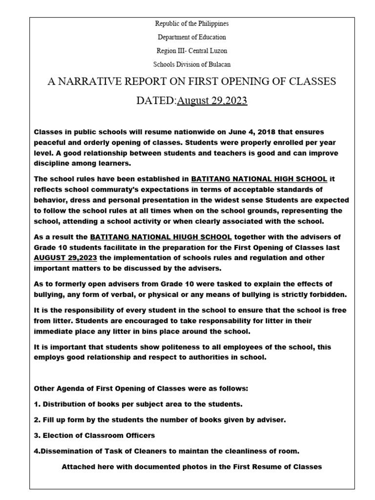 Narrative Report, Firstday of Class | PDF | Career & Growth