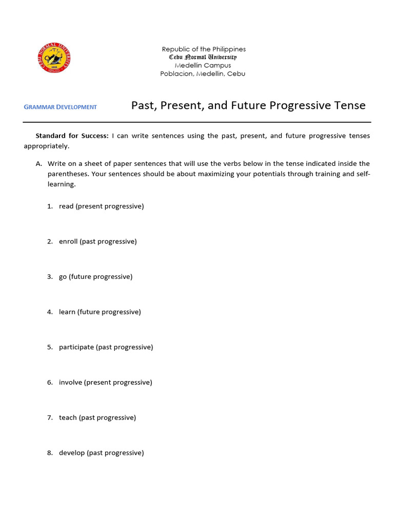 Past, Present, Future Progressive Tense Guide | PDF