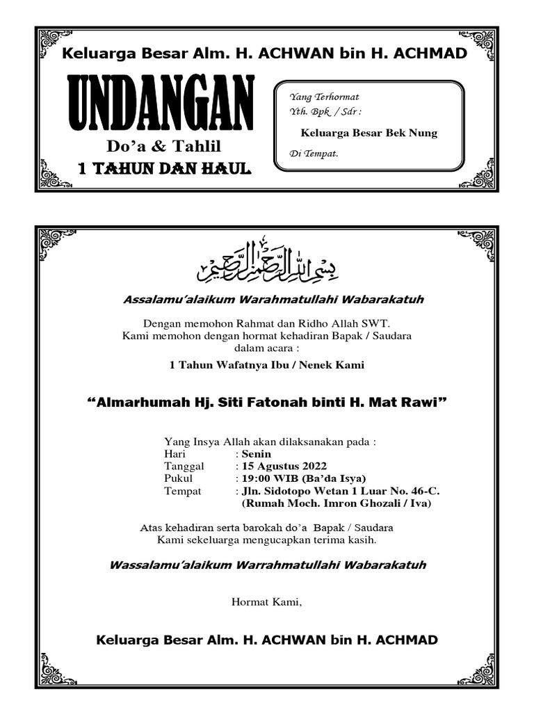 Undangan Haul 1 Tahun Almarhumah Hj. Siti | PDF