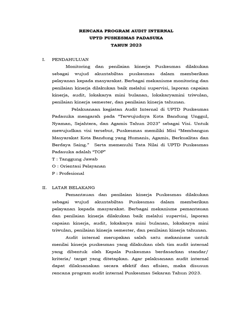 Rencana Audit UPTD PKM Padasuka 2023 | PDF