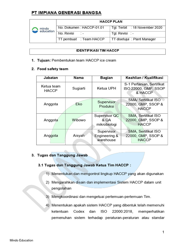 Form 1. Contoh Haccp-01 Identifikasi Tim Haccp | PDF