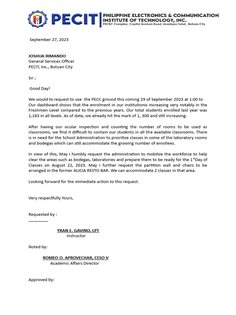 LETTER Request For Classrooms | PDF