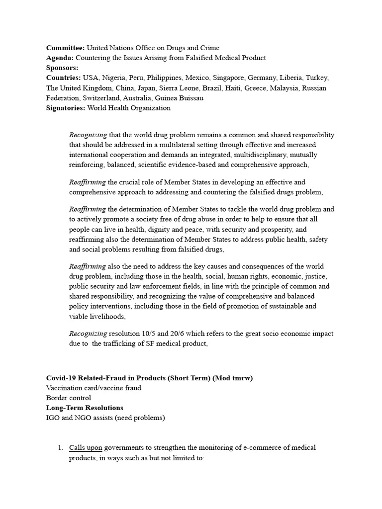 PMUN - UNODC - Draft Resolution 1 | PDF