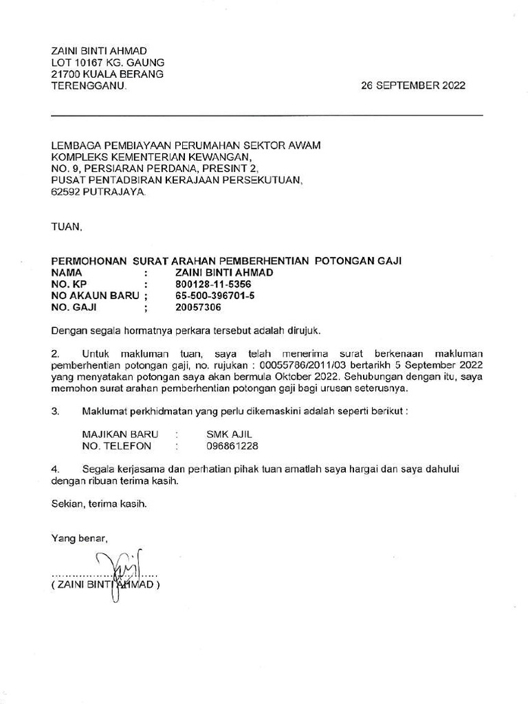 Surat Arahan Pemberhentian Potongan Gaji | PDF