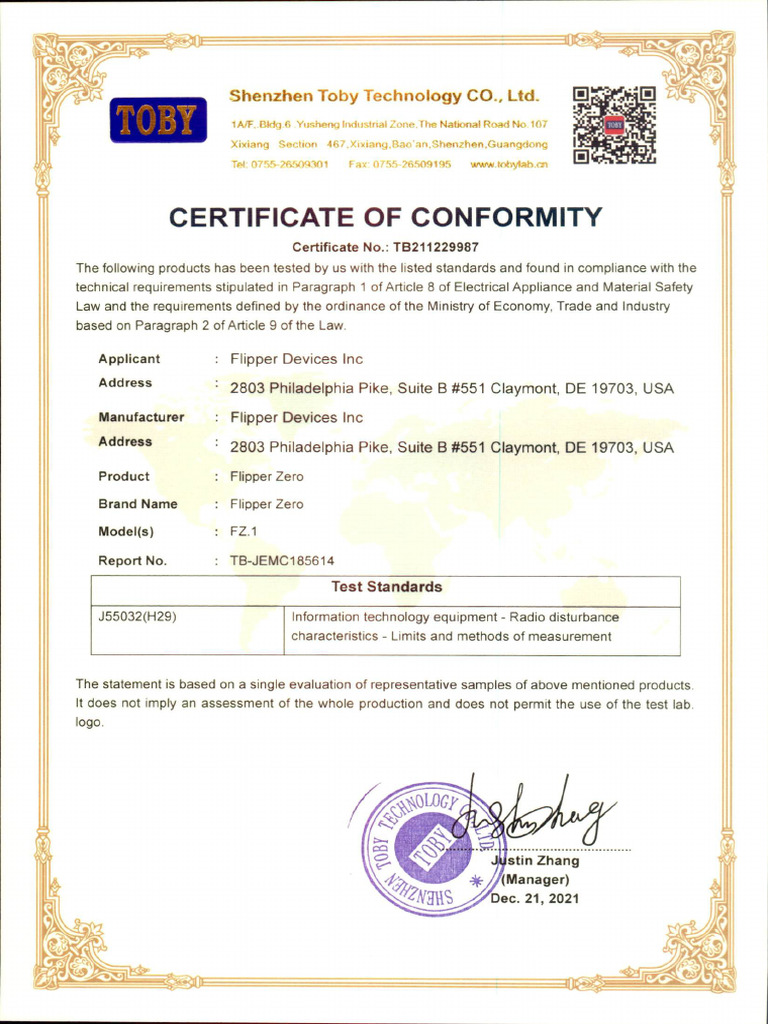 FLIPPER ZERO JP MIC J55032 Certificate of Conformity | PDF
