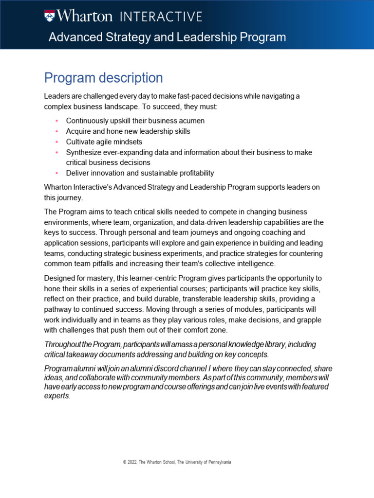 Wharton Interactive Advanced Strategy Leadership Syllabus Cohort2 ...