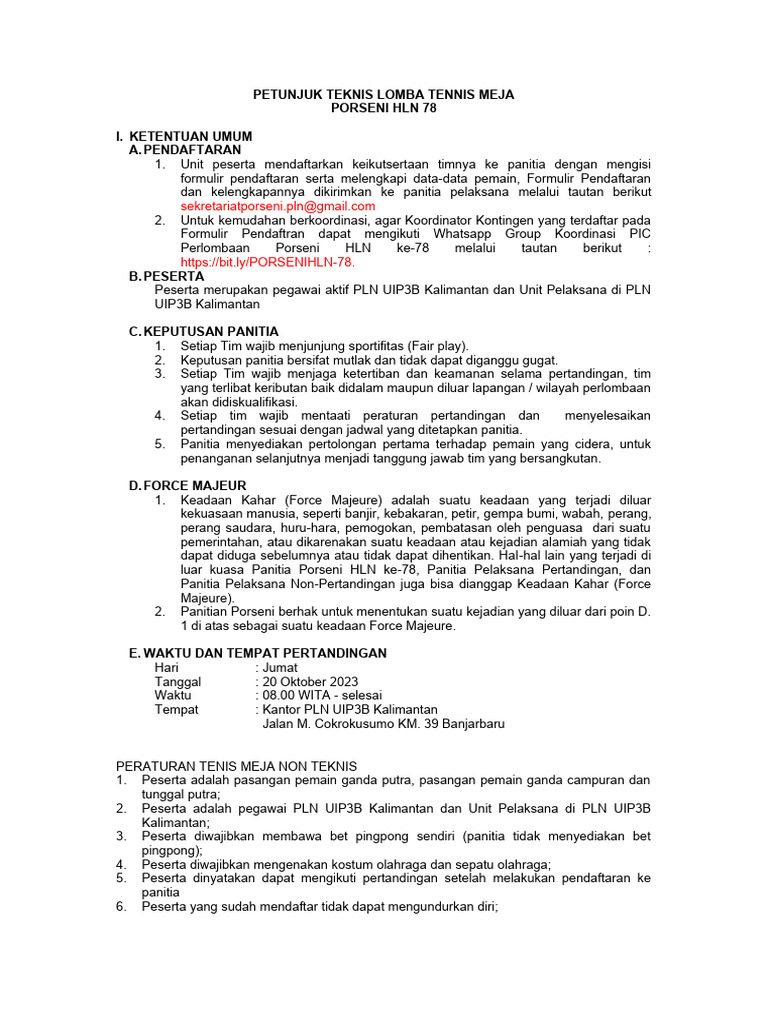 Petunjuk Teknis Lomba Tenis Meja Hln 78 | PDF