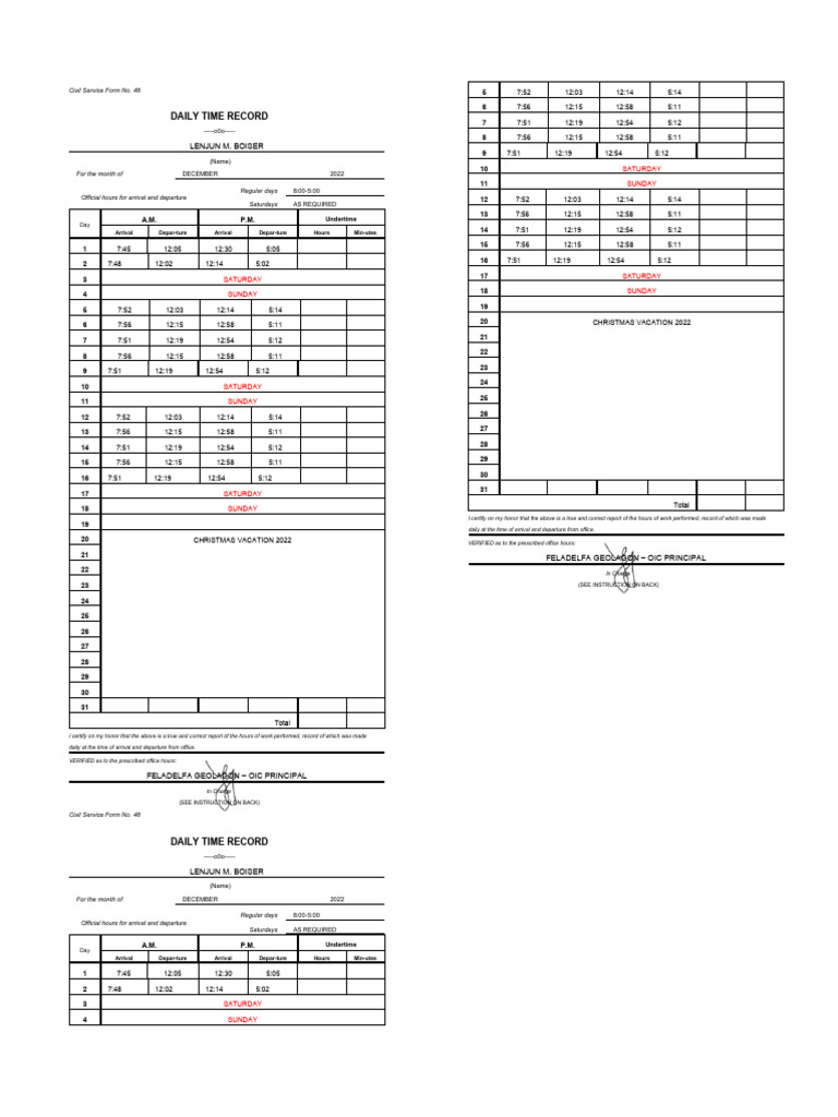 CSC Form 48 Daily Time Record DTR DECEMBER 2022 | PDF