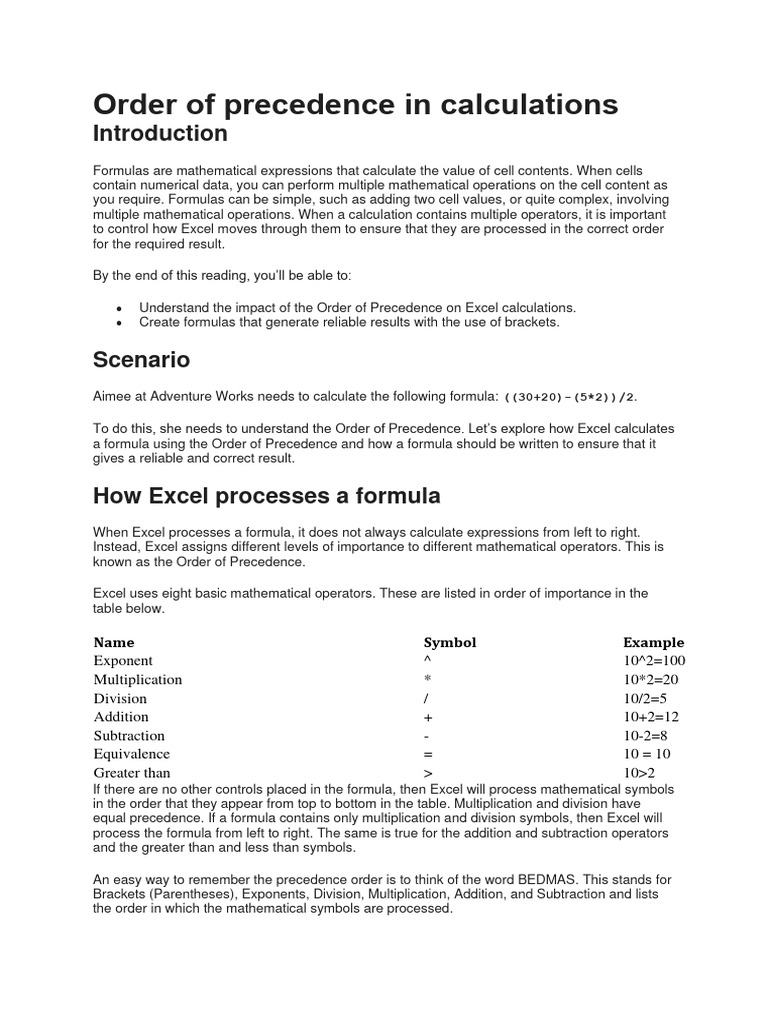 Order of Precedence in Calculations | PDF