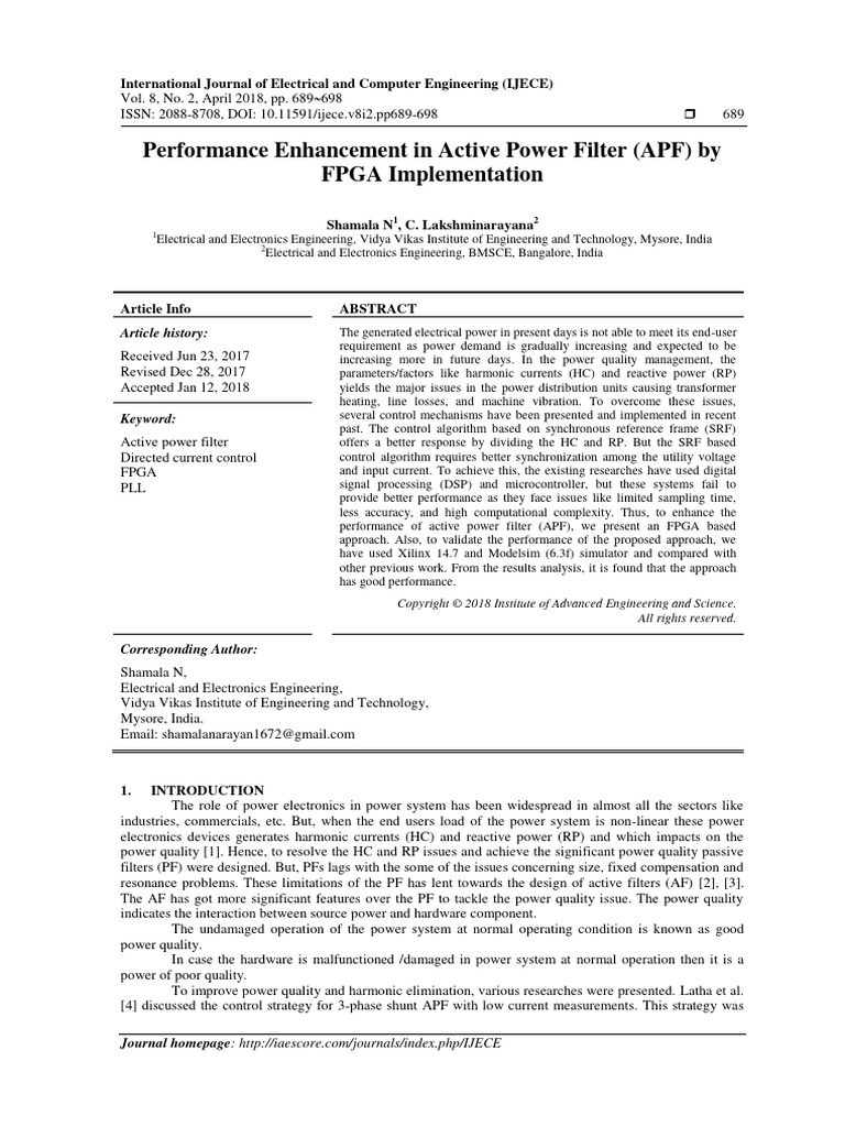 Performance Enhancement In Active Power Filter Apf By Fpga Implementation Pdf Digital 