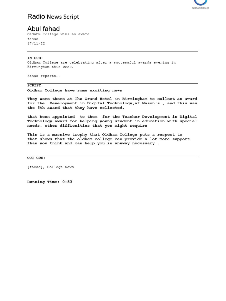 abul fahad - radio news script template | PDF