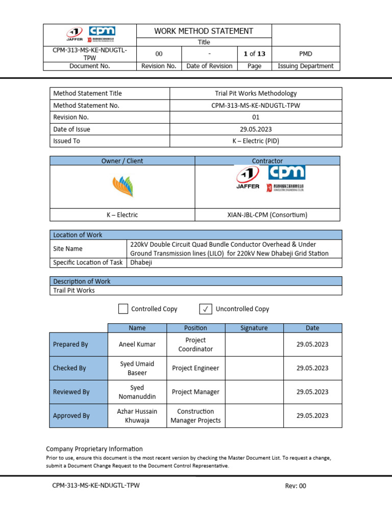 Method Statement Trial Pit Works - Rev.00 | PDF | Personal Protective Equipment | Audit