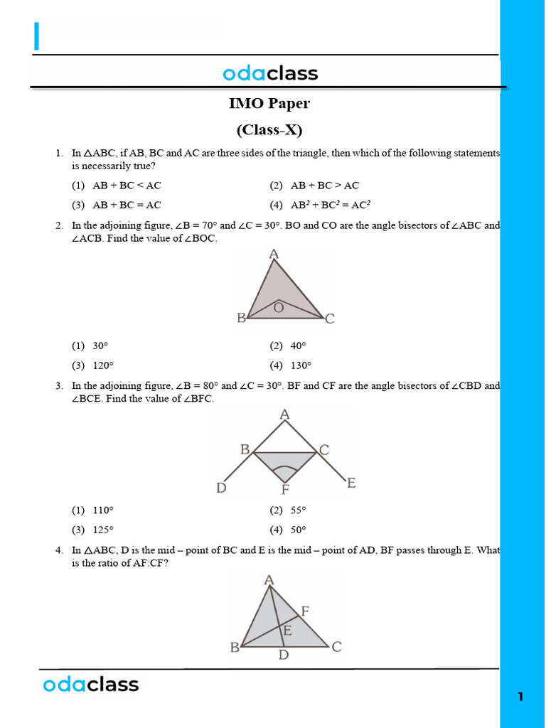 IMO Paper (Class-X) | PDF | Triangle | Geometric Shapes