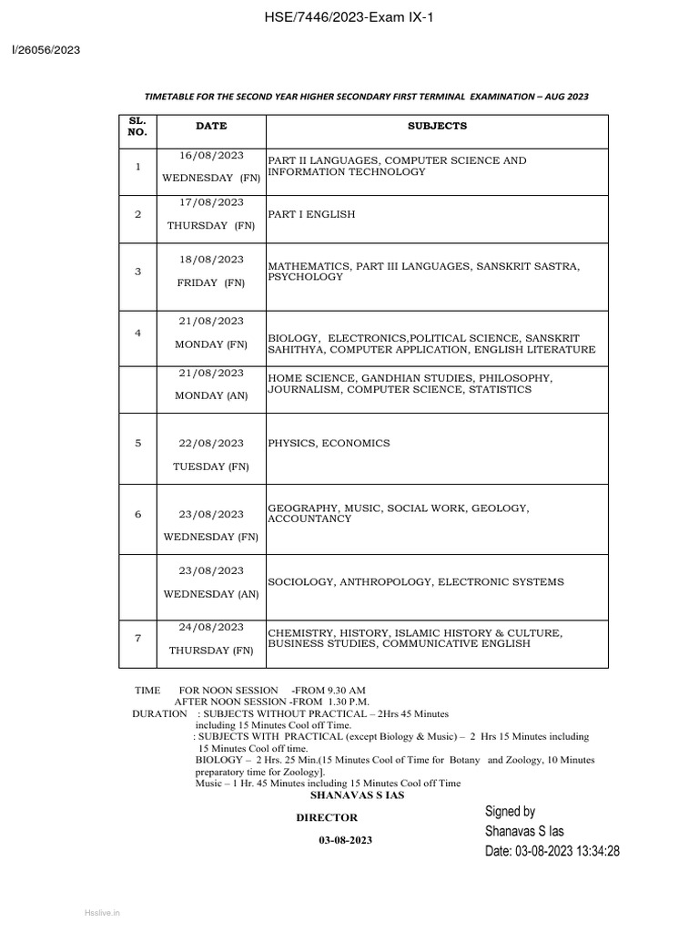 Hsslive Xii First Term Exam Time Table Aug 2023 | PDF | Science