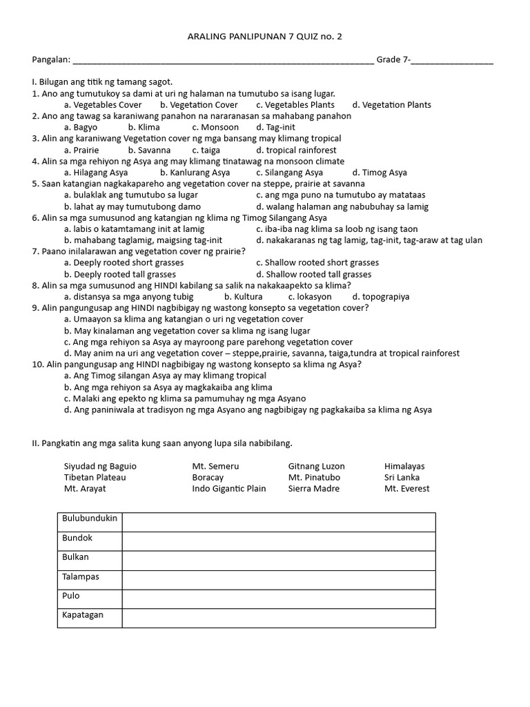 ARALING PANLIPUNAN 7 QUIZ No2 | PDF
