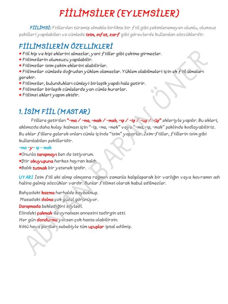 Fiilimsiler Tablolu Anlatım | PDF