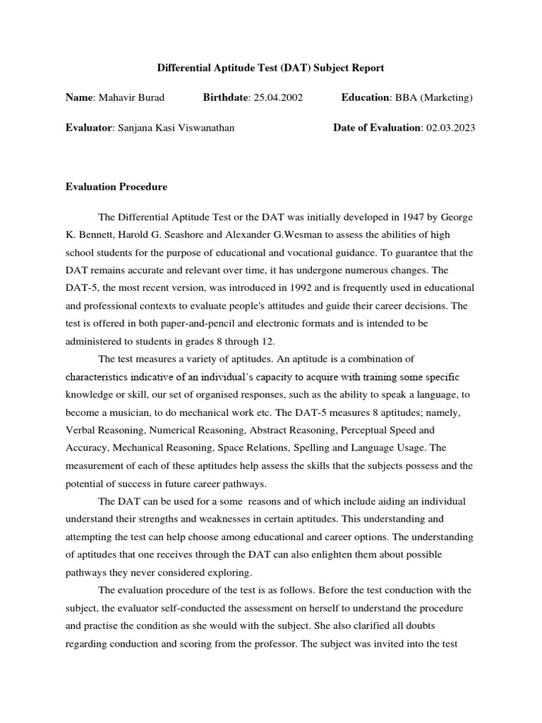 Differential Aptitude Test (DAT) - Subject Report | PDF