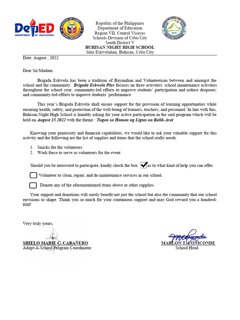 Solicitation Letter Brigada Eskwela | PDF