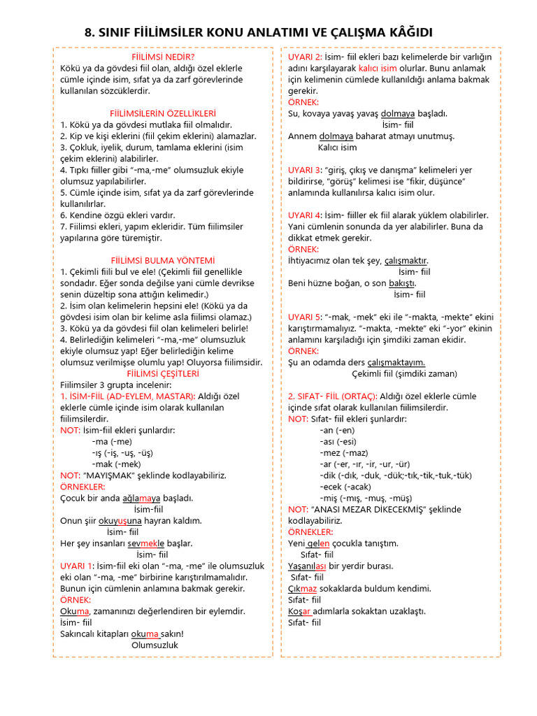 8.sinif Turkce Dersi Fiilimsiler Konu Anlatimi Ve Calisma Kagidi | PDF