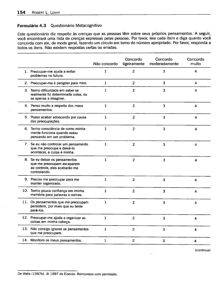 Questionário Metacognitivo | PDF | Pensamento