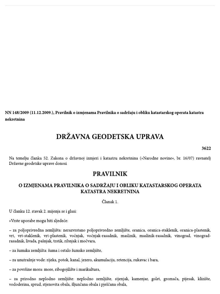 Pravilnik o Sadržaju I Obliku Katastarskog Operata Katastra Nekretnina-Izmjena | PDF