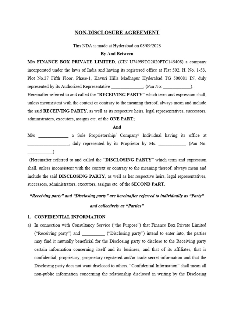 Non-Disclosure Agreement: by and Between M/s FINANCE BOX PRIVATE LIMITED, (CIN ...