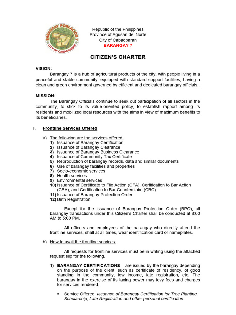 Barangay 7 Citizens Charter | PDF | Receipt | Mediation
