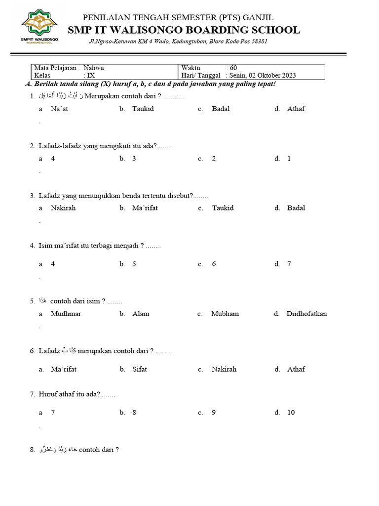 Soal Nahwu Kelas 9 | PDF
