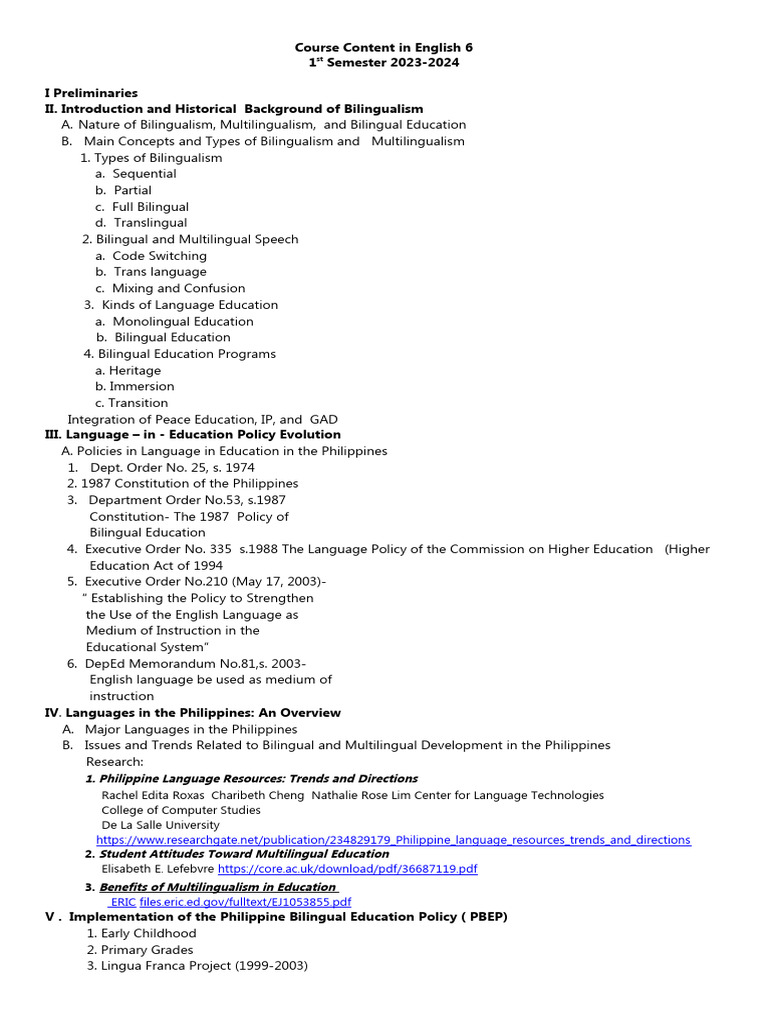 Course Content in English 6 | PDF | Multilingualism | Philippines