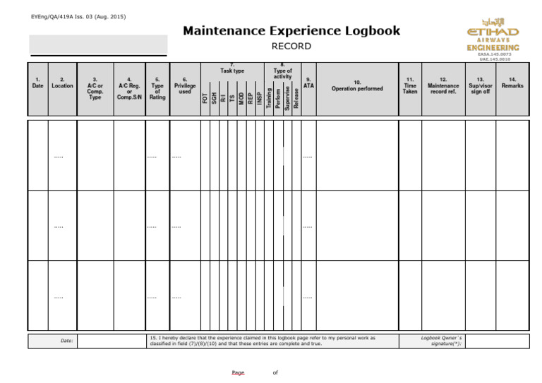 EYEng-QA-419A - Work Experience RECORD - Rev.3 Aug.2015 - CONTROL | PDF