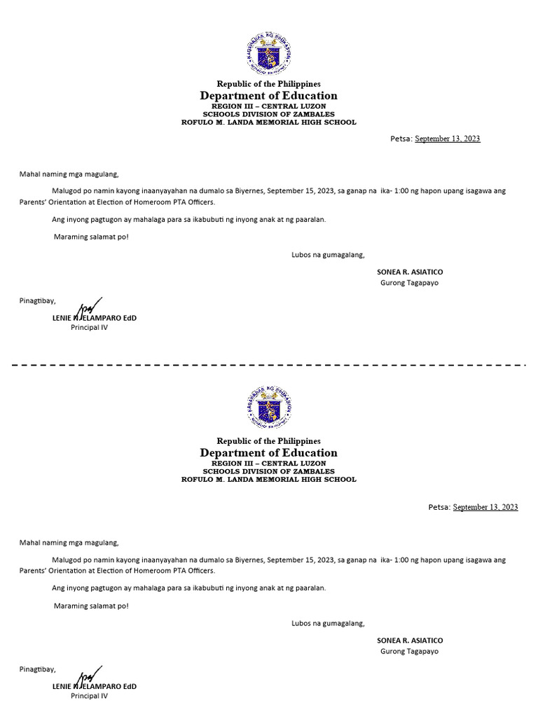 Letter PTA Meeting 1 | PDF