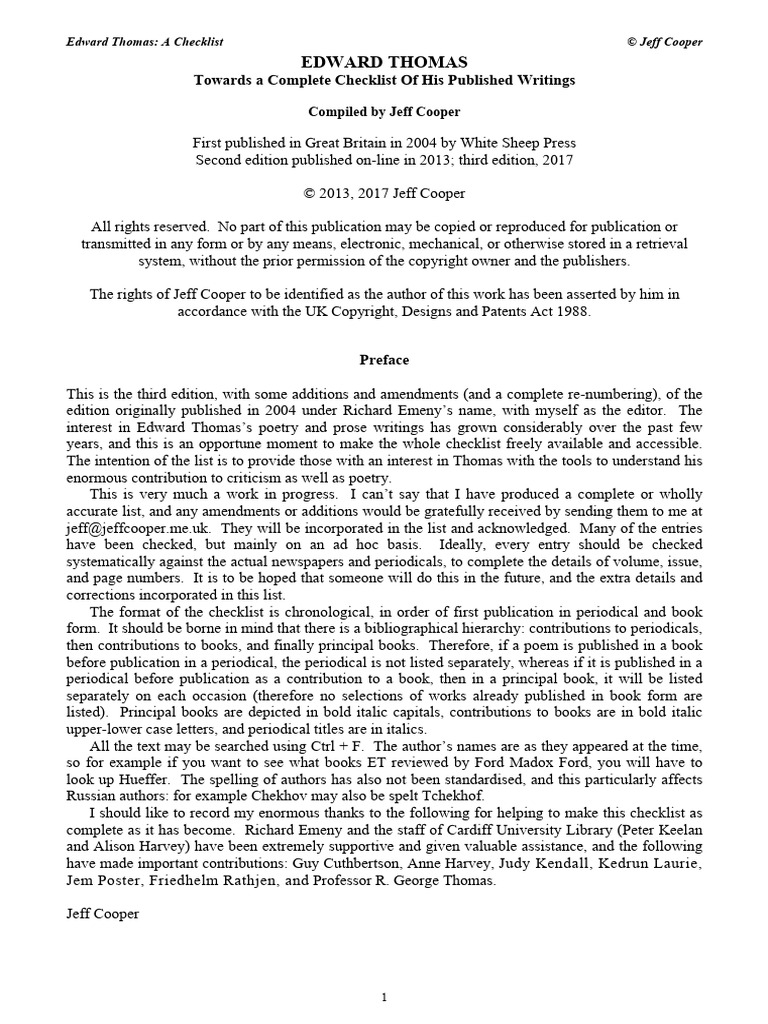 Edward Thomas Writings Checklist | PDF