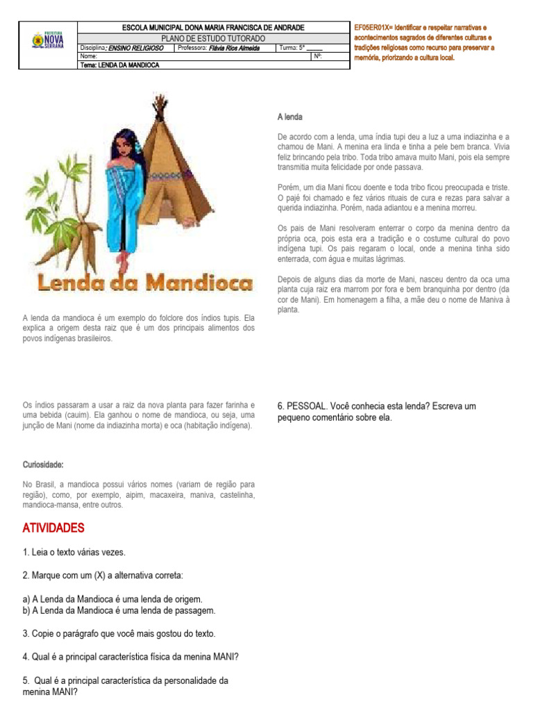 Atividades sobre a Lenda da Mandioca | PDF
