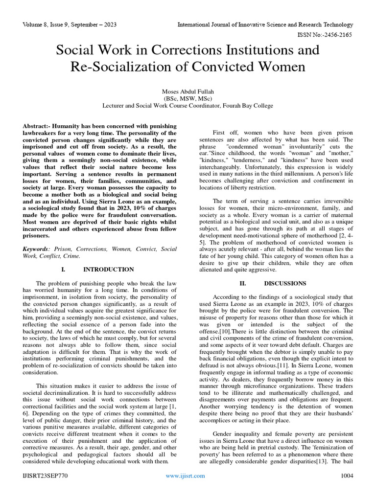 Social Work in Corrections Institutions and Re-Socialization of Convicted Women | PDF
