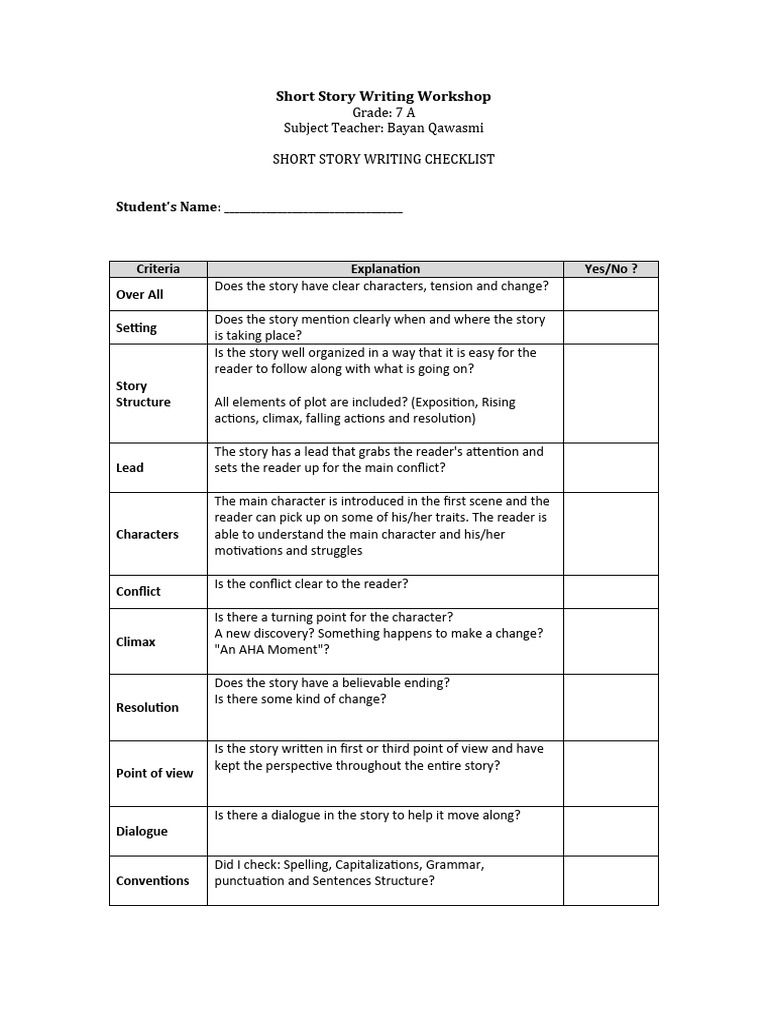 Short Story Writing Checklist | PDF