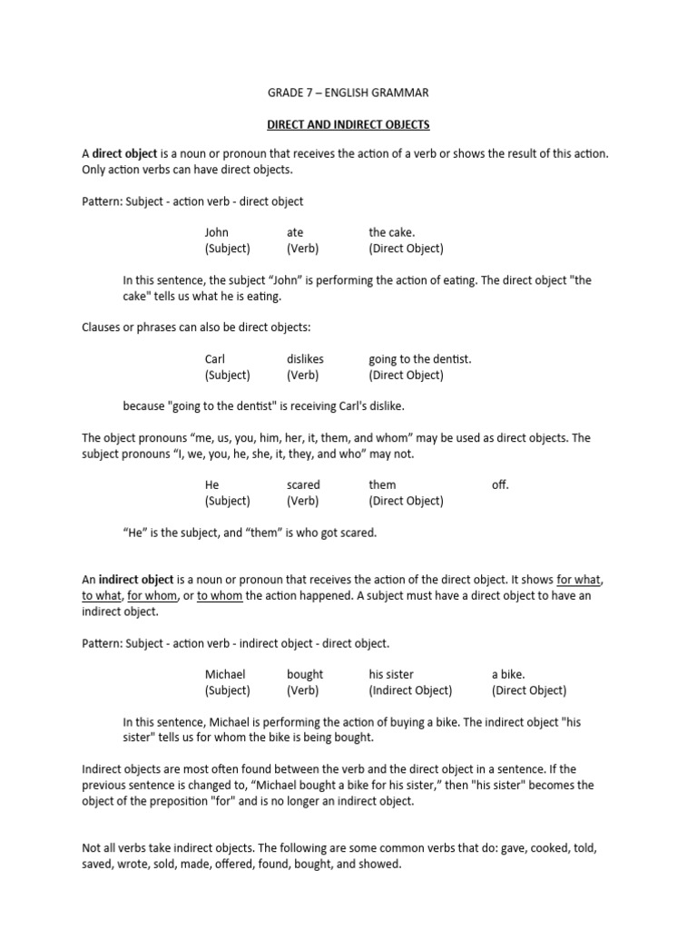 Direct and Indirect Objects | PDF | Subject (Grammar) | Object (Grammar)