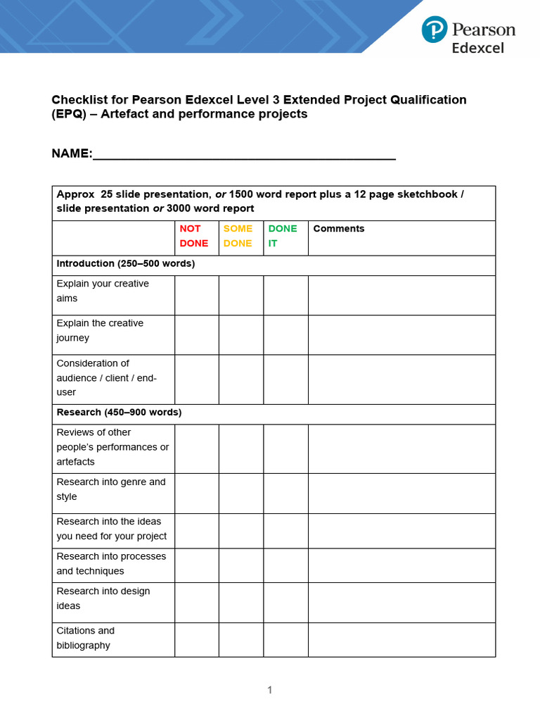 EPQ Artefact and Performance Checklist | PDF