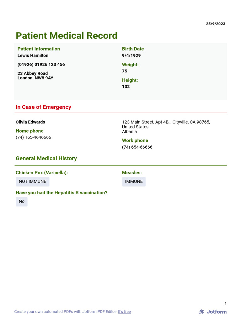 Patient Medical Record: Lewis Hamilton | PDF